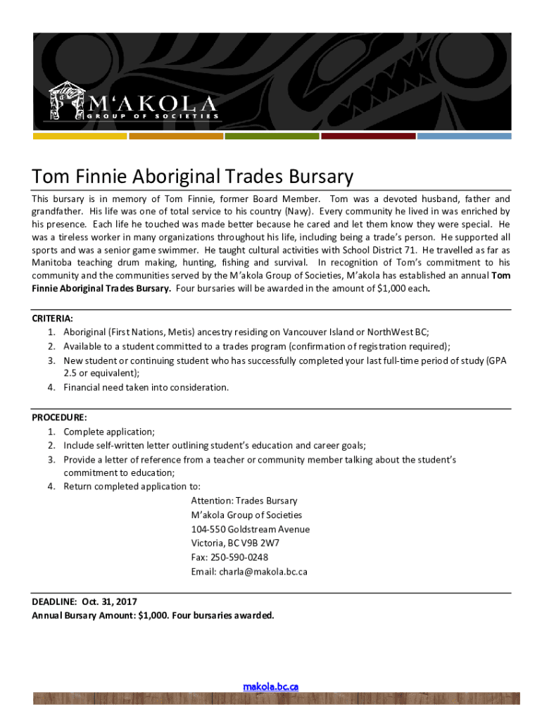Fillable Online Tom Finnie Aboriginal Trades Bursary - M'akola Housing ...