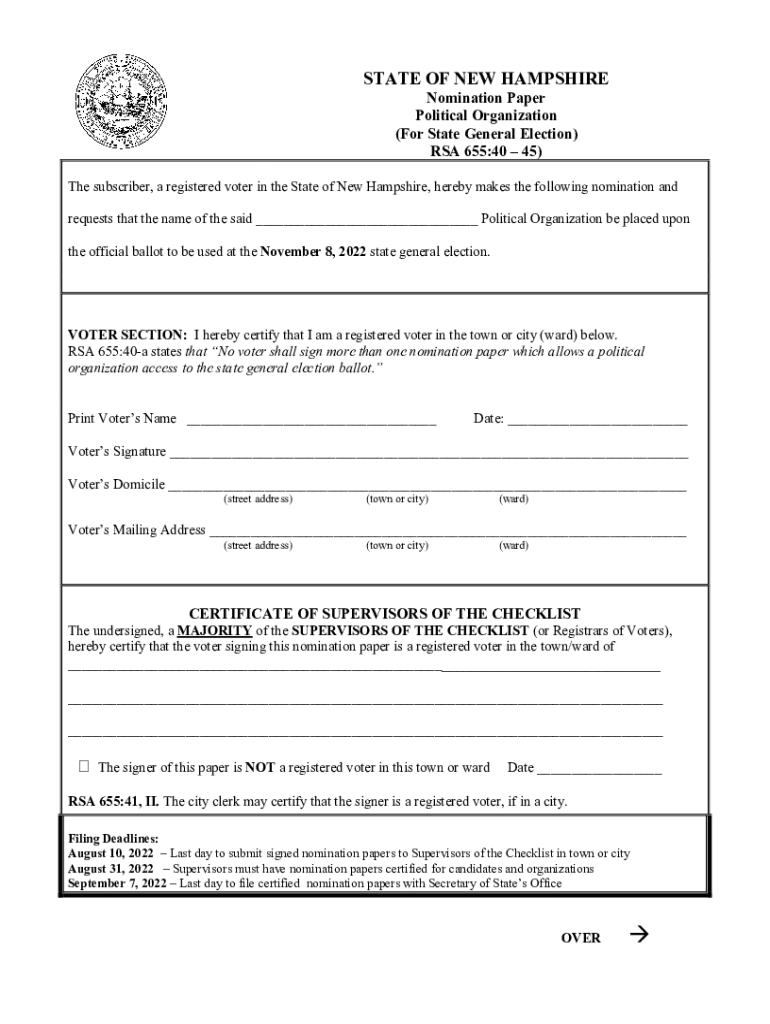 Fillable Online sos nh STATE OF NEW HAMPSHIRE Nomination Paper (For ...
