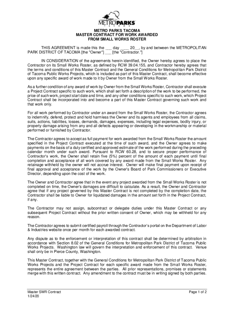 Fillable Online Master-Small-Works-Roster-Contract.pdf - Metro Parks Tacoma Fax Email Print ...