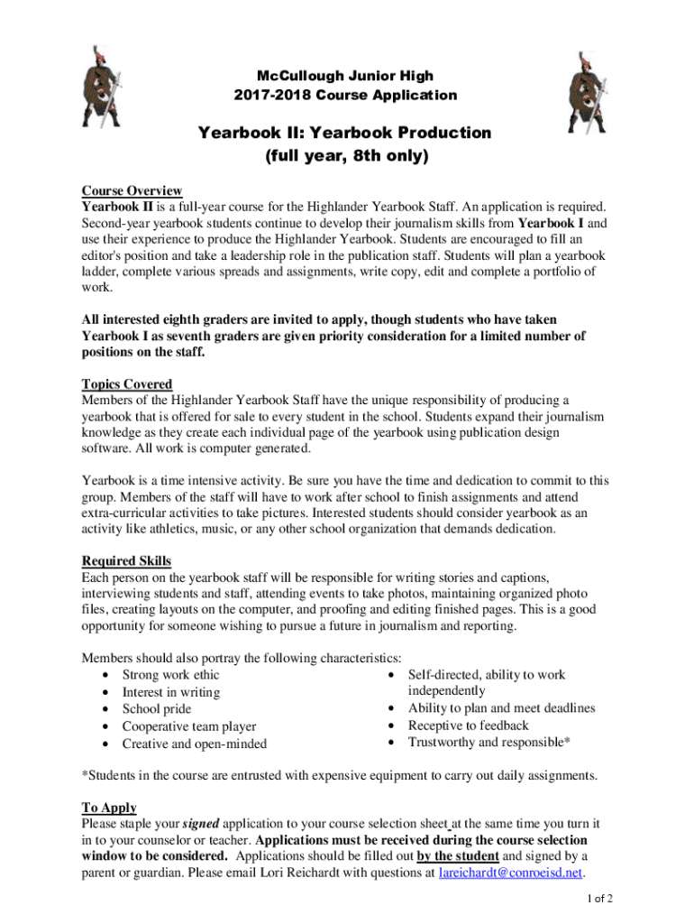 Fillable Online mccullough conroeisd Yearbook Application - McCullough ...
