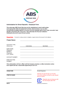 Fillable Online Fillable Online Authorization for Direct Deposits Employee Form ... Fax Email ...