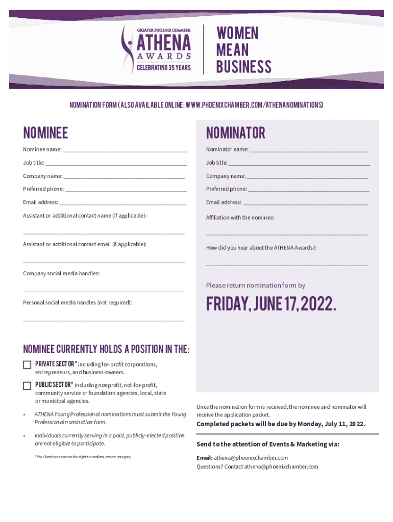 Fillable Online ATHENA Leadership Award Nomination Form - Women2Women Fax Email Print - pdfFiller