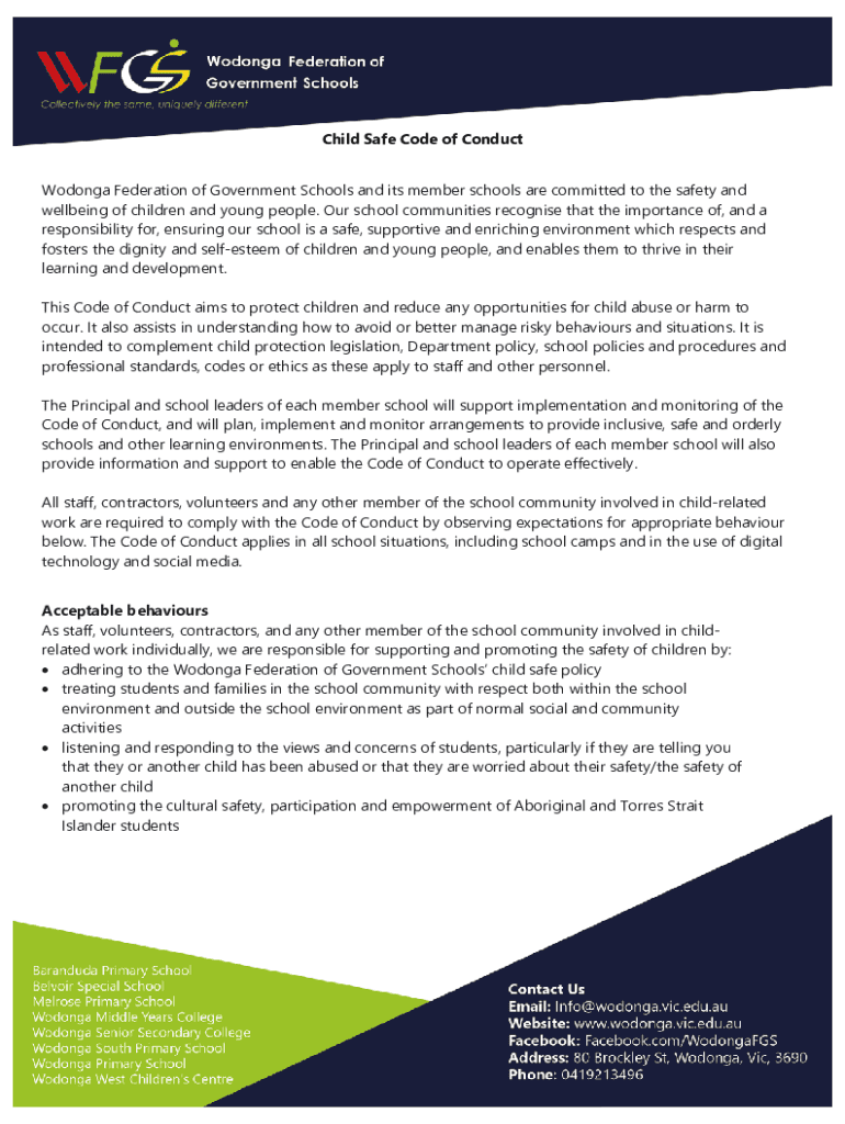 Fillable Online Child Safe Code of Conduct - Wodonga Federation of ...