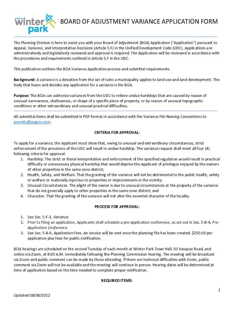 Fillable Online BOARD OF ADJUSTMENT (BOA) VARIANCE APPLICATION FORM Fax ...