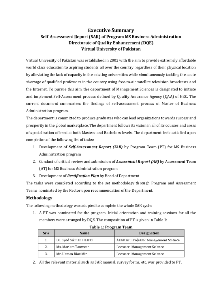 Fillable Online qec vu edu Executive Summary - Self-Assessment Report (SAR) of Program BS ...