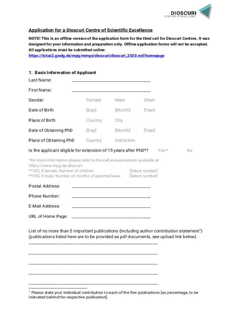 Fillable Online ncn gov Dioscuri Programme: Welcome to the online application ... Fax Email ...