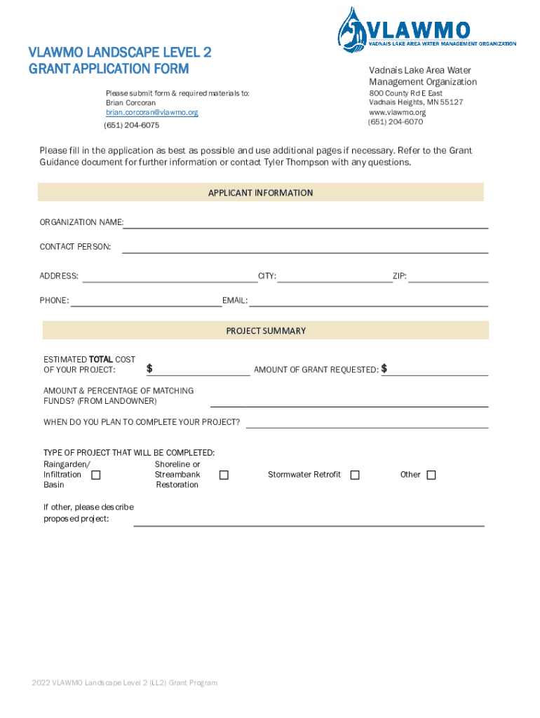 Fillable Online VLAWMO LANDSCAPE LEVEL 2 GRANT APPLICATION FORM Fax ...