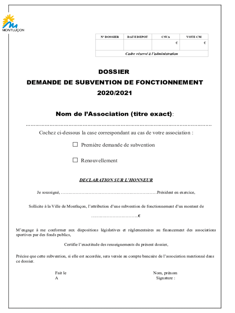 Remplissable En Ligne DOSSIER DE DEMANDE DE SUBVENTION ASSOCIATIONS Fax Email Imprimer - pdfFiller