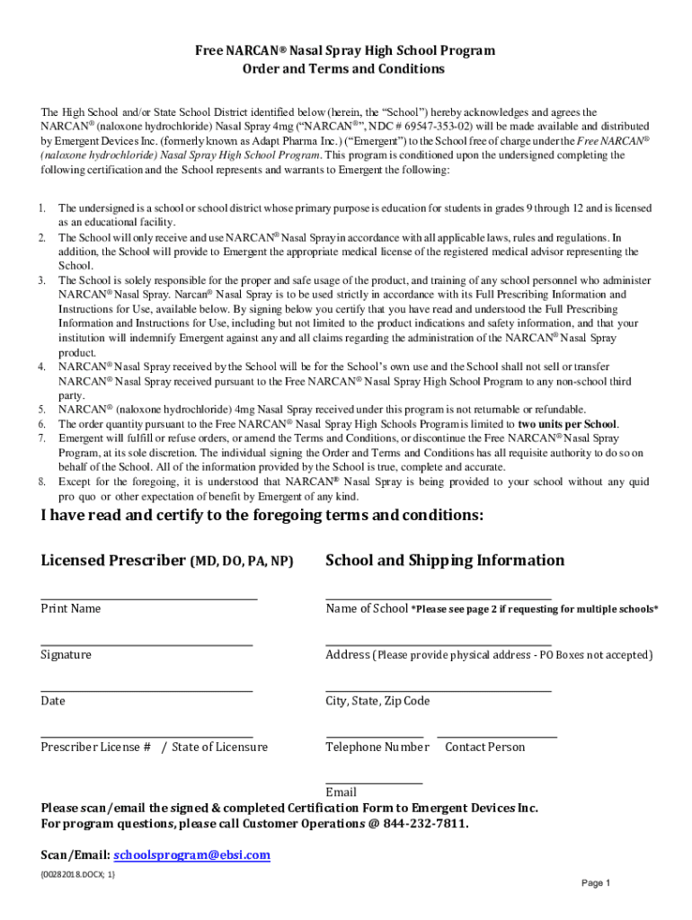 Fillable Online Free Nasal Spray High School Program Order and ... Fax ...