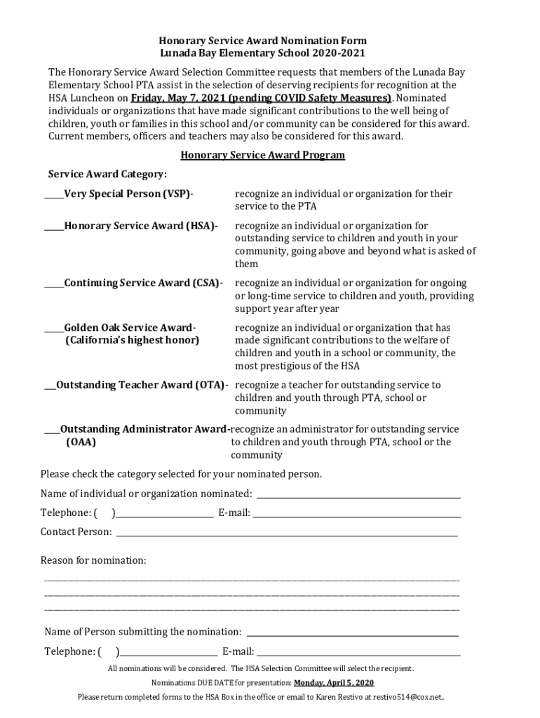 Fillable Online running springs elementary school pta honorary service ...