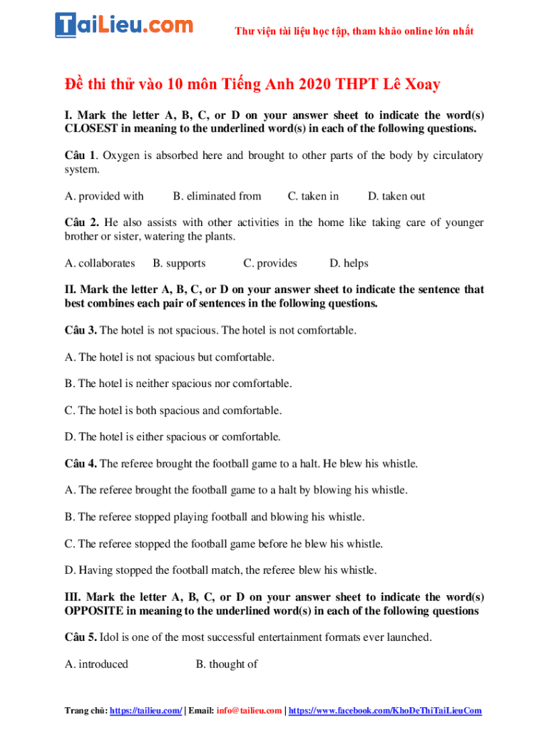 Fillable Online p nthi tham kho mn ting Anh k thi vo lp 10 ti ... Fax Email Print - pdfFiller