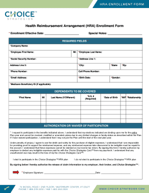 Fillable Online Health Reimbursement Arrangement (HRA) Enrollment Form Fax Email Print - pdfFiller