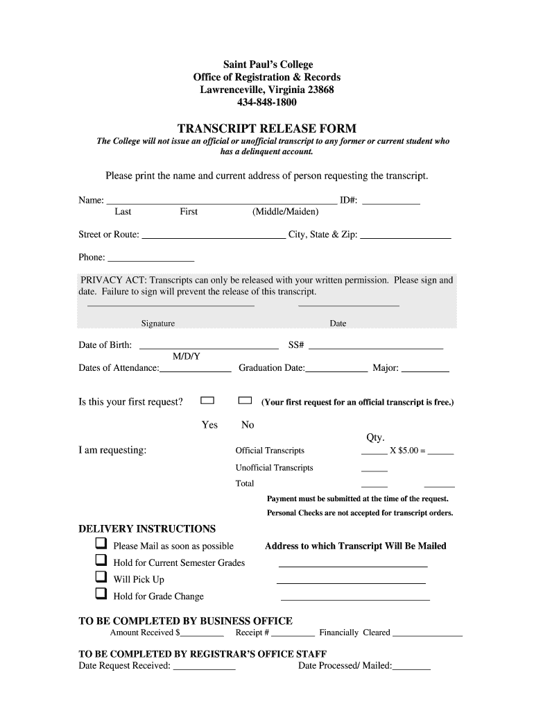 Saint Pauls College Transcript Release Form - Fill Online, Printable ...