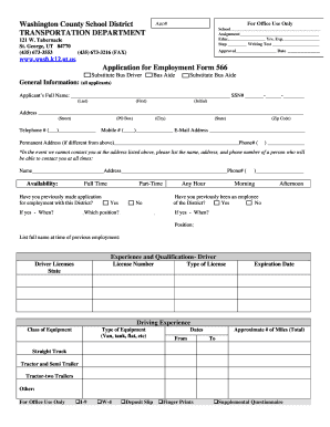 Fillable Online 566-Application, Substitute Bus Driver, Bus Aide, Sub ...