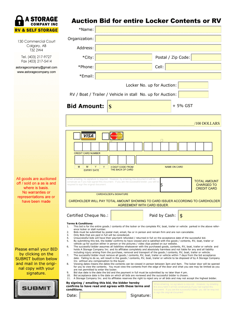 Fillable Online Auction Bid for entire Locker Contents or RV - A ...