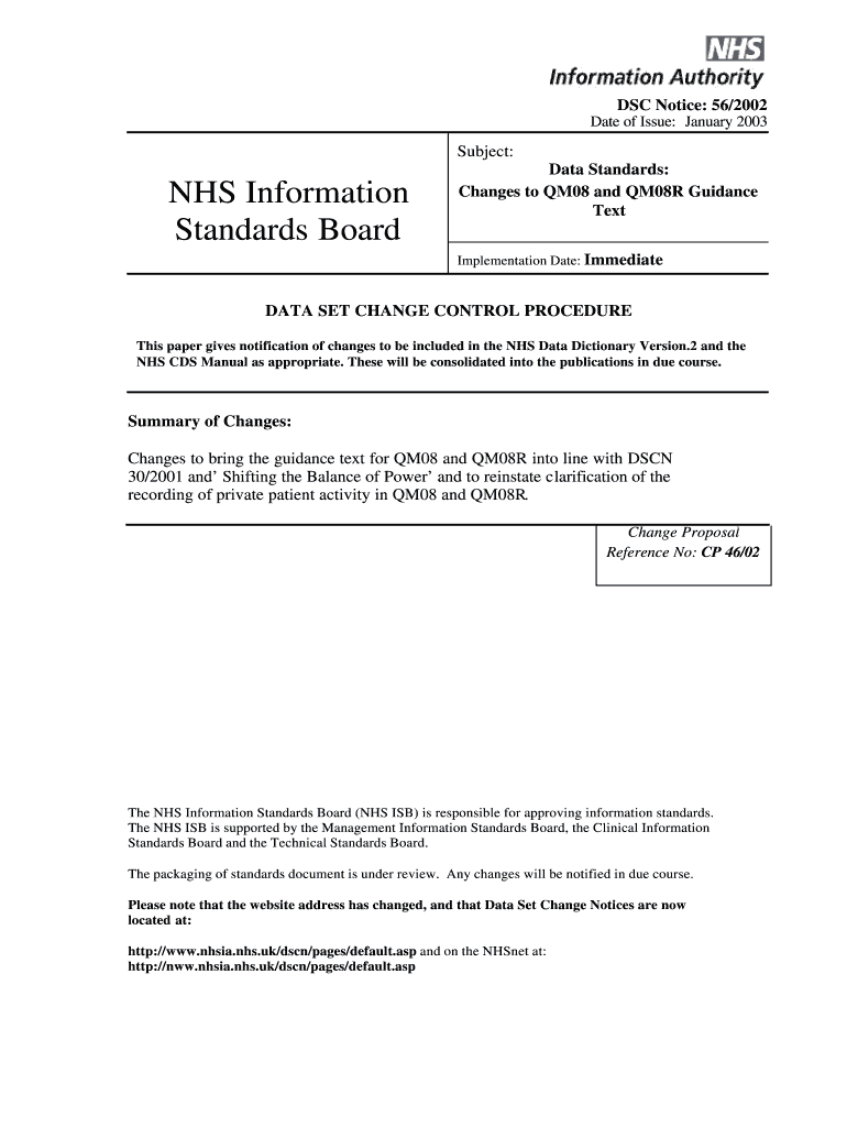 Fillable Online isb nhs 56 - Changes to QM08 and QM08R Guidance Text - Information ... Fax Email ...