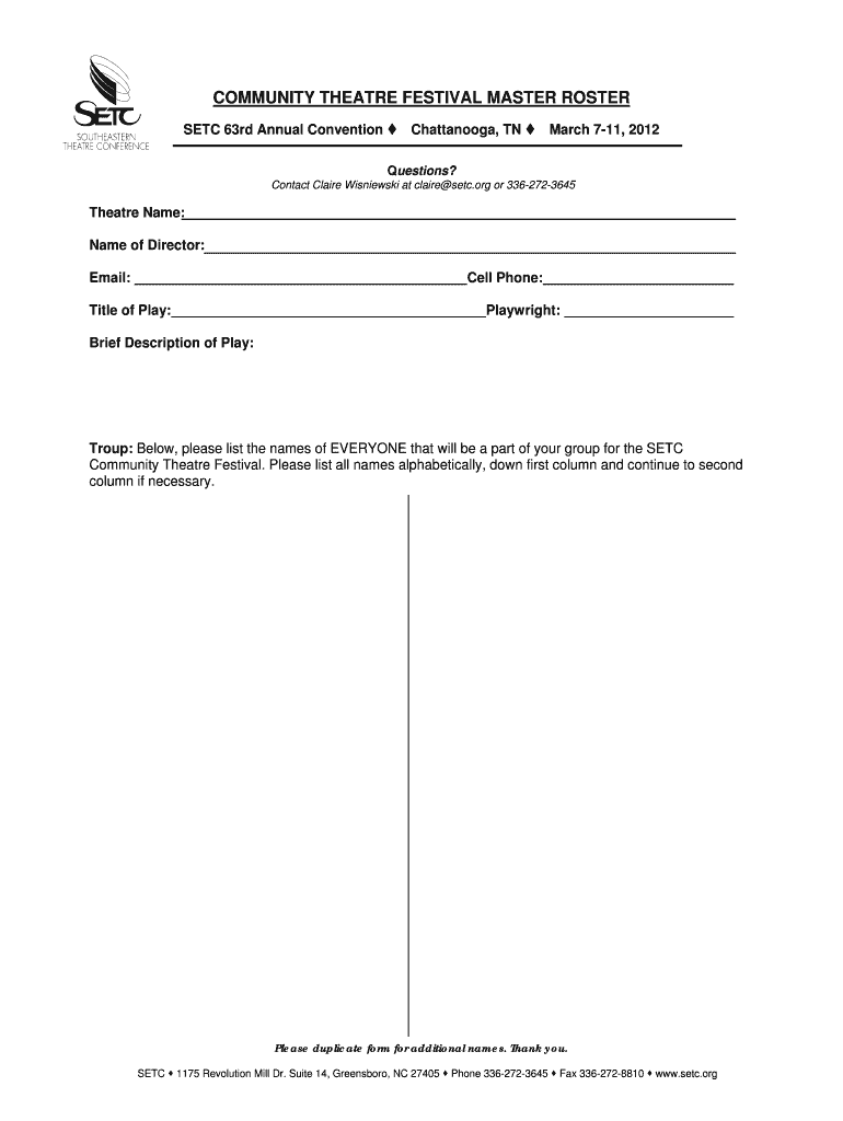 Fillable Online setc COMMUNITY THEATRE FESTIVAL MASTER ROSTER Fax Email ...