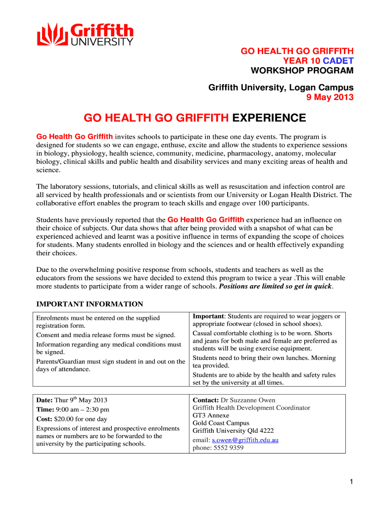 Fillable Online griffith edu Go Health Go Griffith Experience - Griffith University - griffith ...