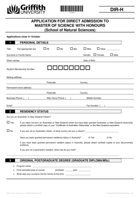 Fillable Online griffith edu NSC Postgraduate Honours application form ... - Griffith University ...