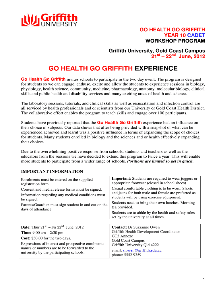 Fillable Online griffith edu Go Health Go Griffith Experience - griffith edu Fax Email Print ...