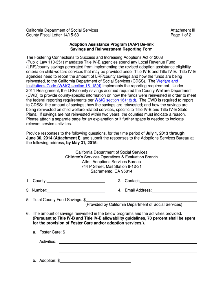 Fillable Online cdss ca (CFL) NO. 14/15-63 TO - California Department ...