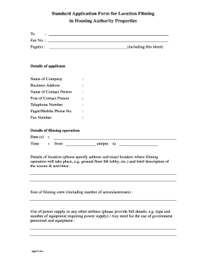 Fillable Online Standard Application Form for Location Filming in ...