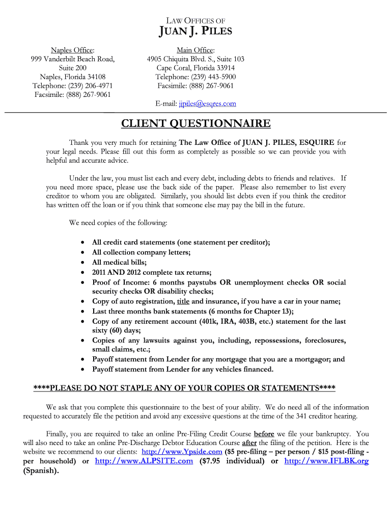 Fillable Online Client Questionnaire - Bankruptcy - Law Office of Juan ...