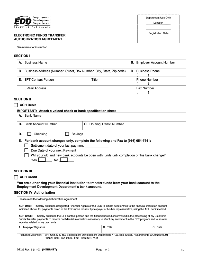 Fillable Online accplus Electronic Funds Transfer (EFT) Authorization Agreement (DE 26) Fax ...