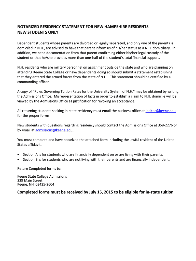Fillable Online admissions keene NOTARIZED RESIDENCY STATEMENT FOR NEW ...