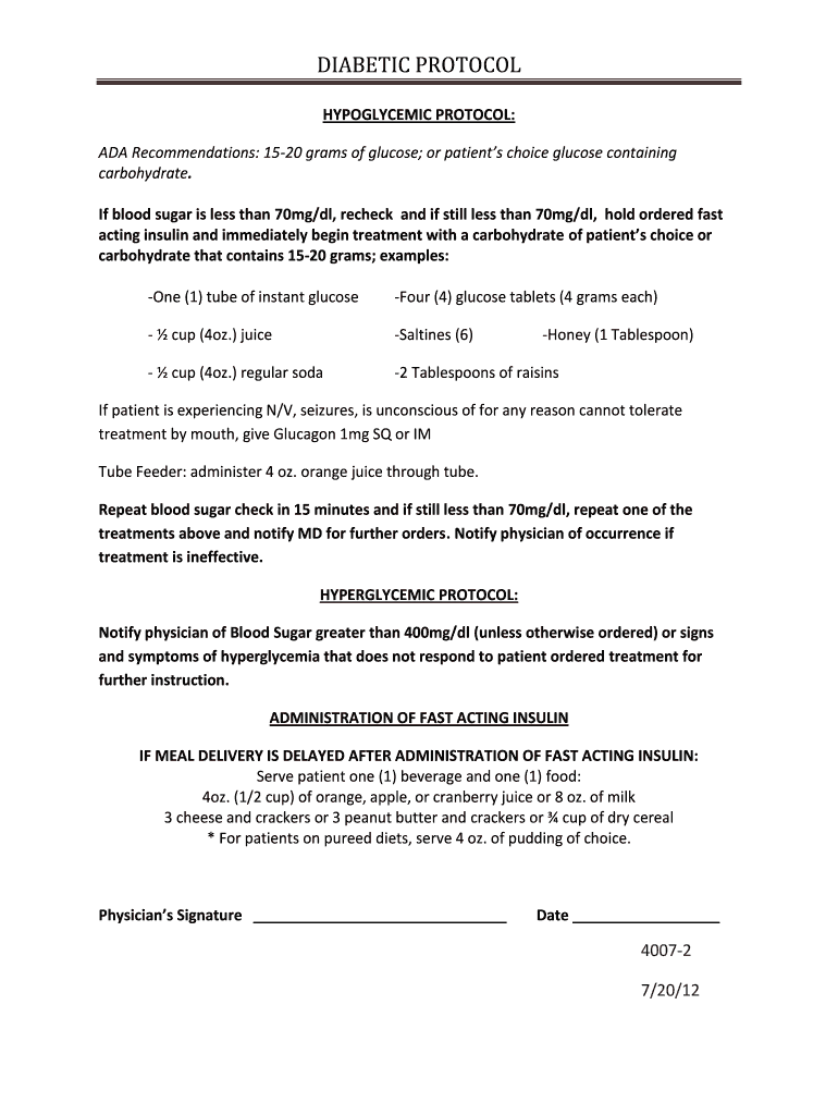 Fillable Online DIABETIC PROTOCOL Fax Email Print - pdfFiller