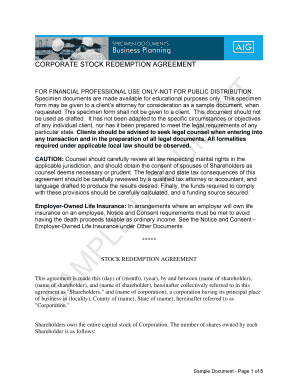 Fillable Online Corporate Stock Redemption Agreement Speciman Documents ...