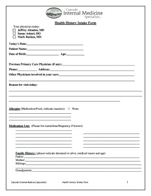 Fillable Online Health History Intake Form - Cascade Internal... Fax ...