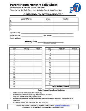 Fillable Online ps7 Parent Hours Monthly Tally Sheet - ps7 Fax Email ...
