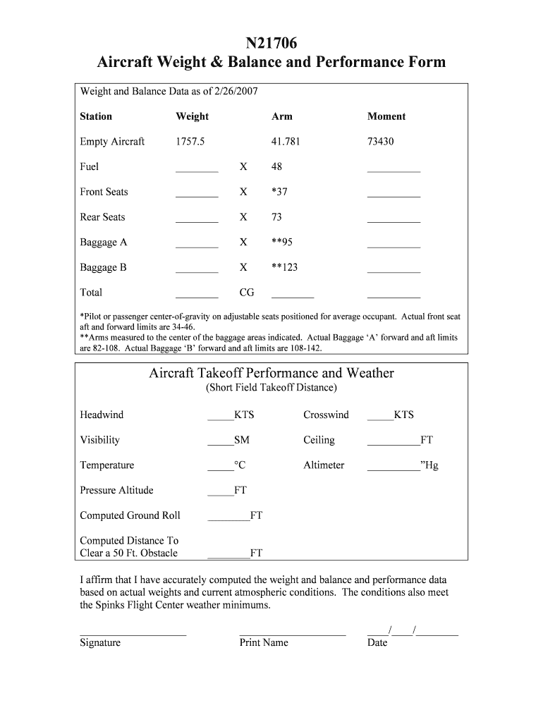Fillable Online N21706 Weight and Balance Form Fax Email Print - pdfFiller