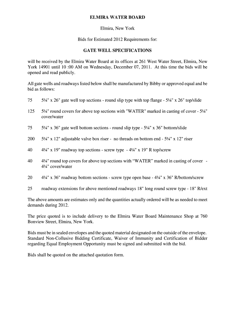 Fillable Online elmirawaterboard GATE WELL SPECIFICATIONS ...