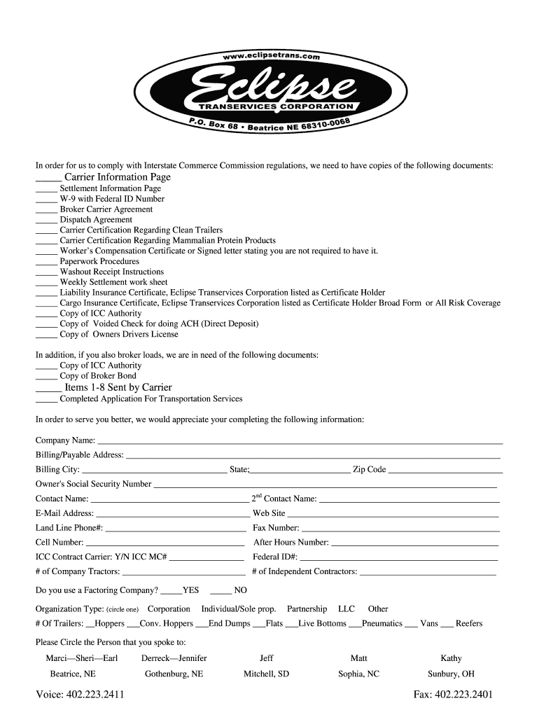 Fillable Online In order for us to comply with Interstate Commerce ...