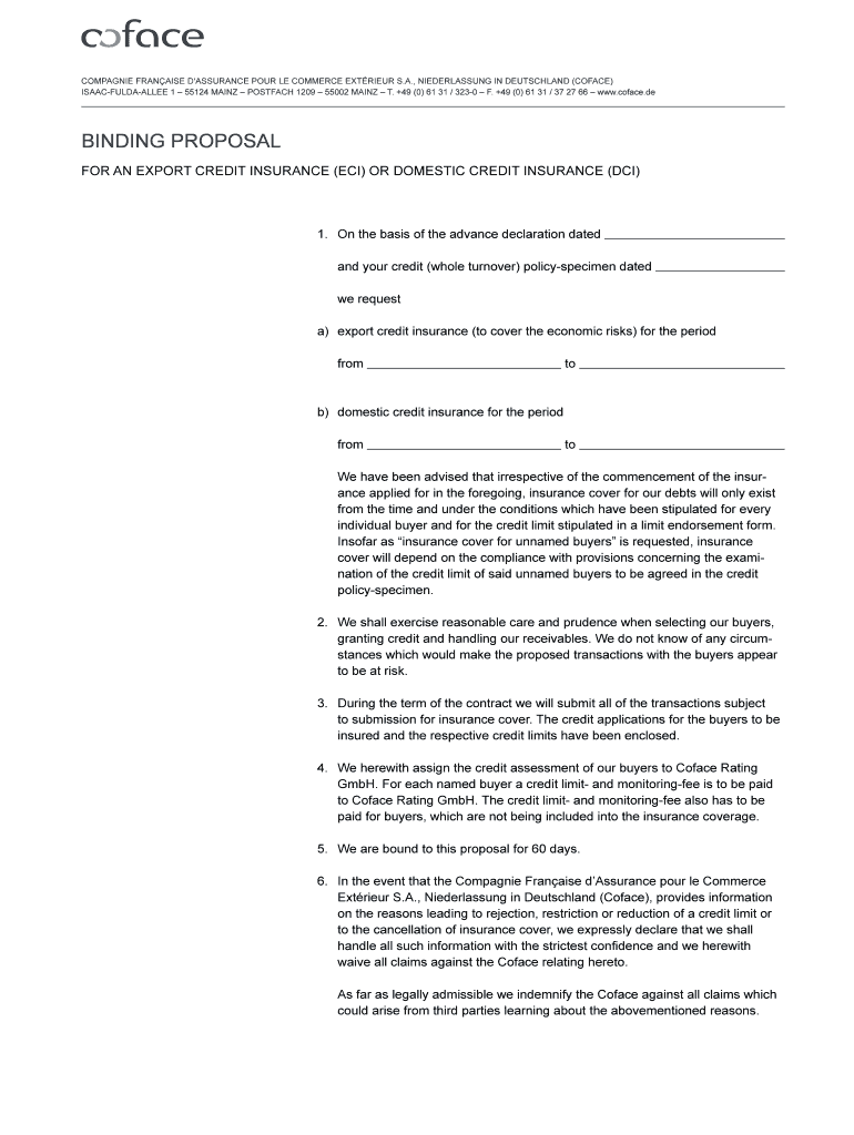 Fillable Online BINDING PROPOSAL - Coface Fax Email Print - pdfFiller