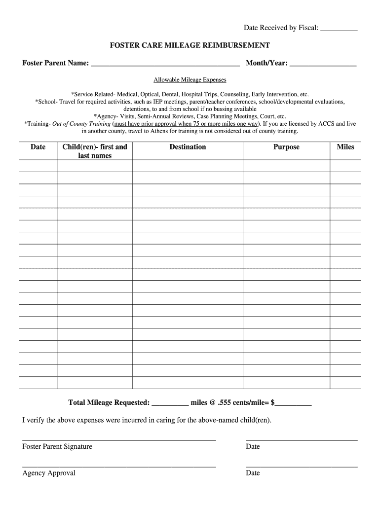 Fillable Online FOSTER CARE MILEAGE REIMBURSEMENT Foster Parent Fax ...