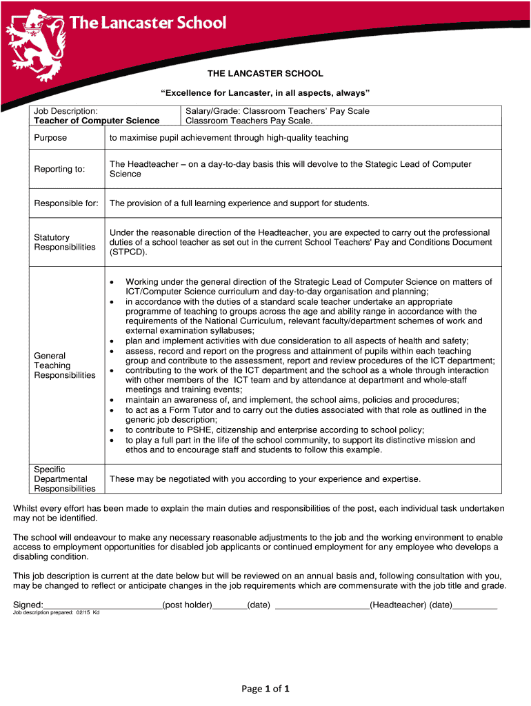 Fillable Online lancaster leicester sch THE LANCASTER SCHOOL Teacher of ...