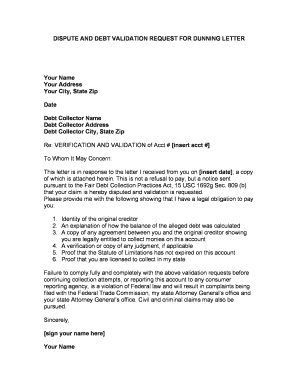 Fillable Online DISPUTE AND DEBT VALIDATION REQUEST FOR DUNNING LETTER ...