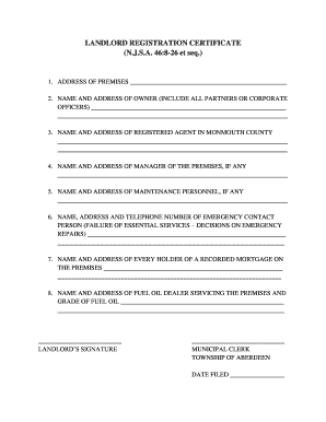 Fillable Online aberdeennj LANDLORD REGISTRATION CERTIFICATE NJSA Fax ...