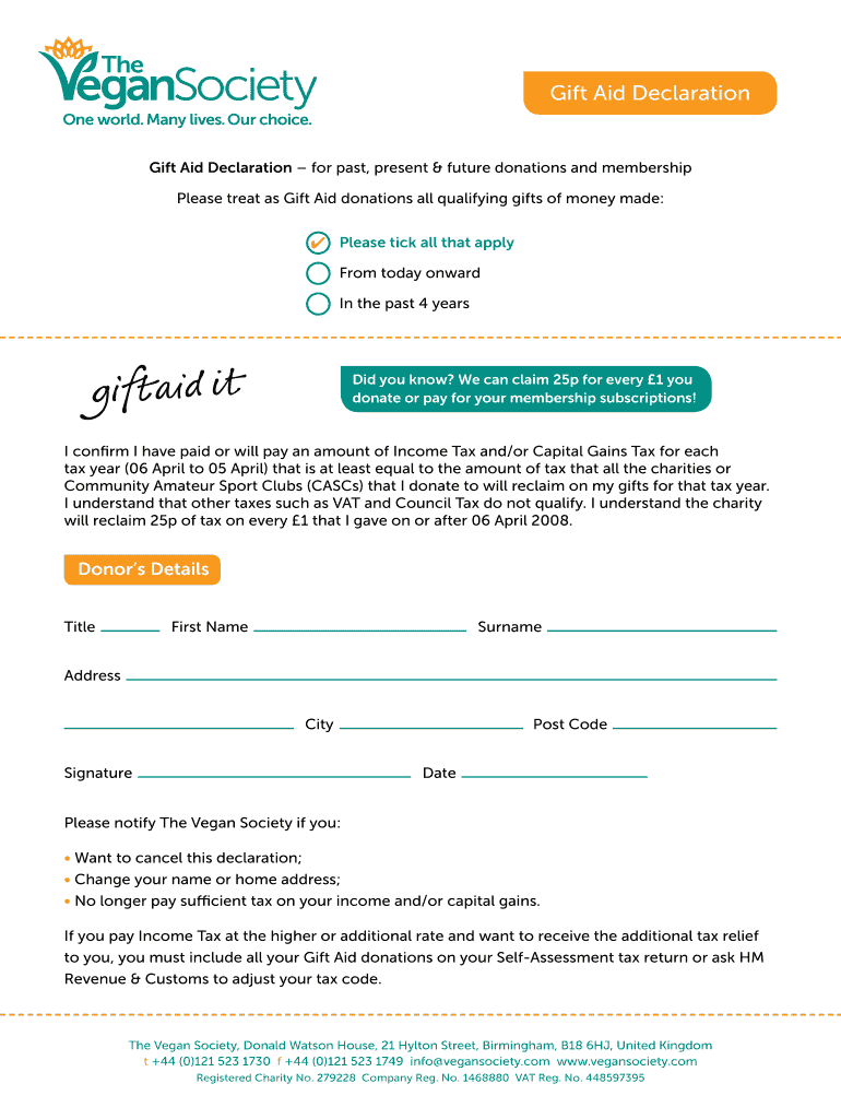 Fillable Online Gift Aid Declaration - The Vegan Society Fax Email ...