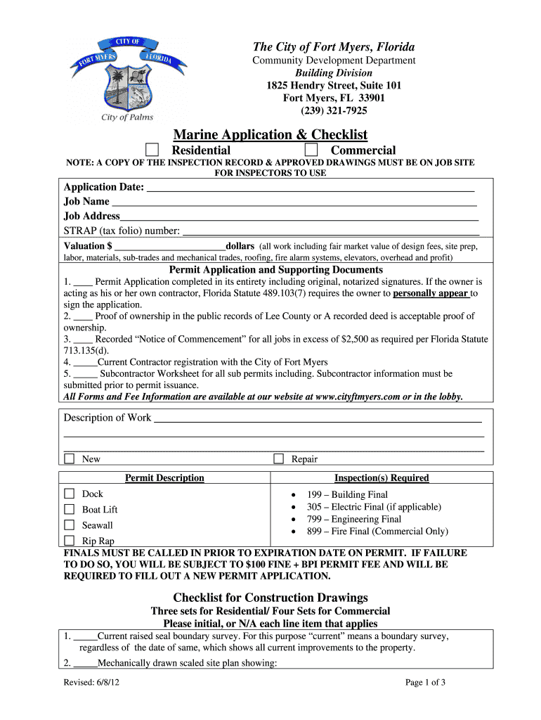 Fillable Online Marine Application amp Checklist Residential Commercial ...