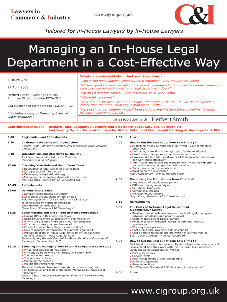 Fillable Online cigroup org Managing an In-House Legal Department in a ...