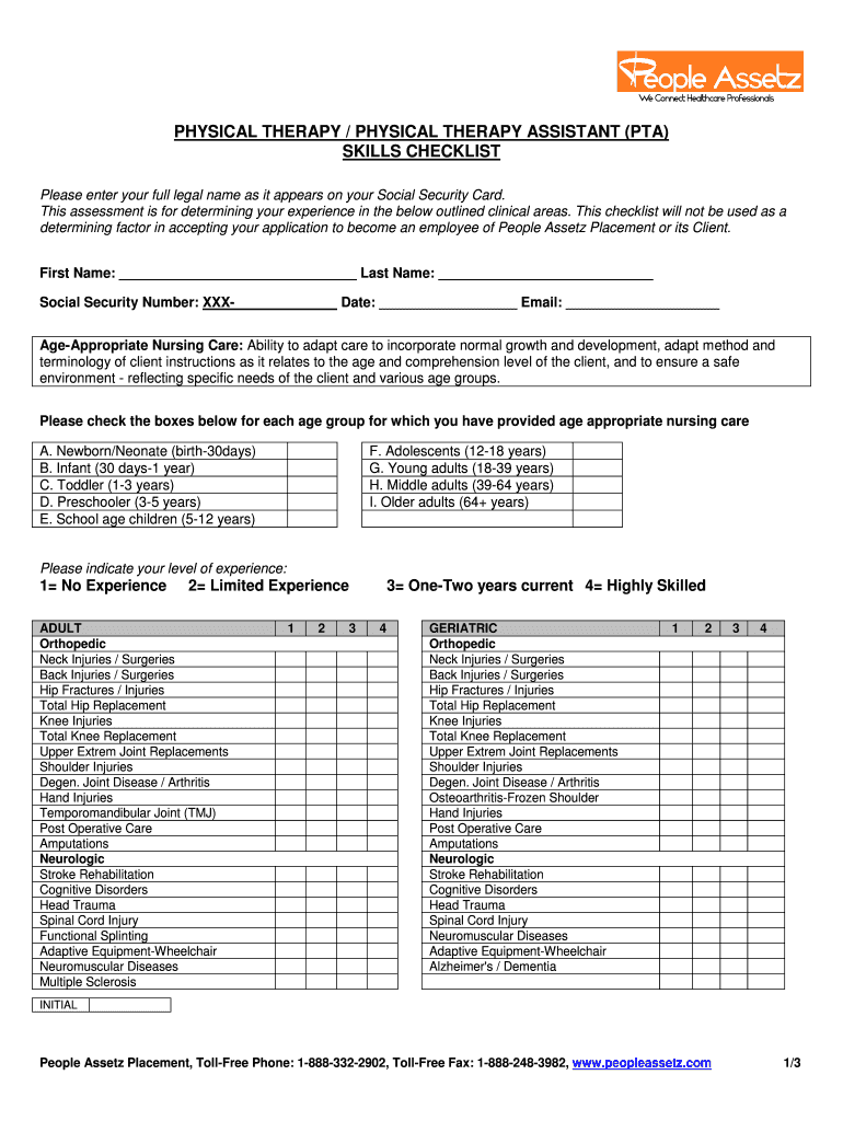 Fillable Online PT-PTA Skills Checklistdoc Fax Email Print - pdfFiller