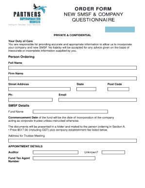 Fillable Online ORDER FORM NEW SMSF amp COMPANY QUESTIONNAIRE Fax Email Print - pdfFiller