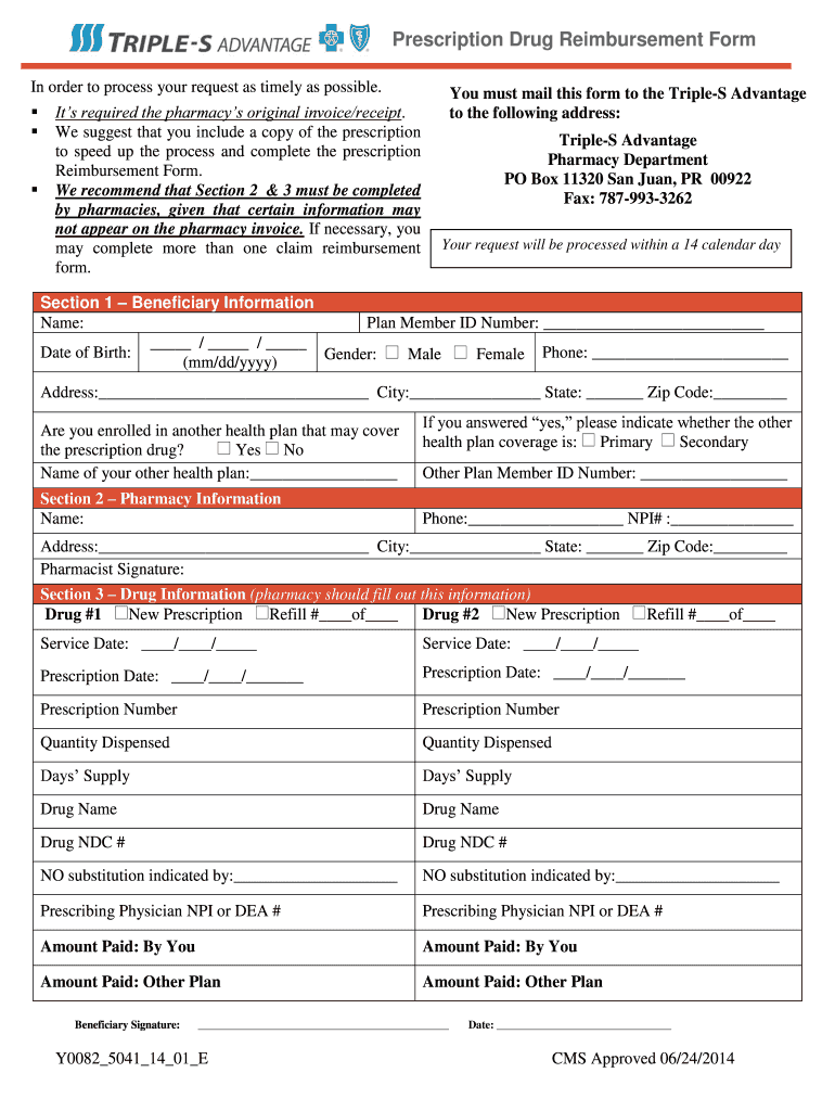 Fillable Online Prescription Drug Reimbursement Form - Triple-S Fax ...