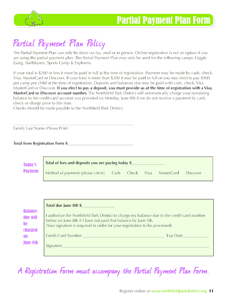Fillable Online northfieldparkdistrict Partial Payment Form ...