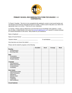 Fillable Online aislusaka PRIMARY SCHOOL RECOMMENDATION FORM FOR GRADES ...