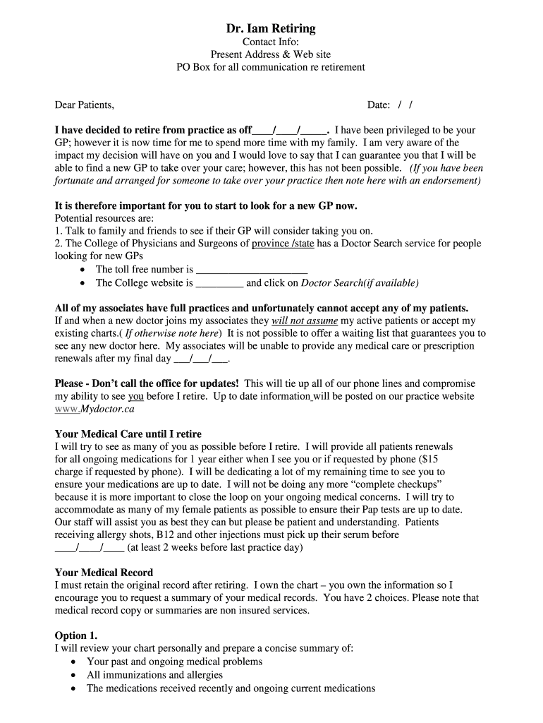 Fillable Online Generic patient notification of practice closure ...